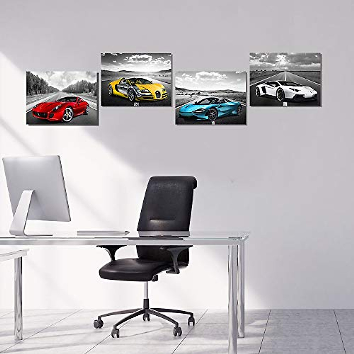 Car Poster Decor Black and White Wall Art Framed Car Art for Men Boys Bedroom Décor Sports Posters Landscape Office Room Decor Gift for Teen Boys Ready to Hang