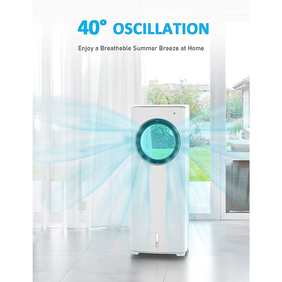 BREEZEWELL 3-IN-1 Windowless Portable Air Conditioner, 32-INCH Evaporative Cooler for Home, 3 Wind Speed & 4 Modes,Washable Water Tank, 8H Timer,20ft Remote Bladeless Evaporative Air Cooler for Room