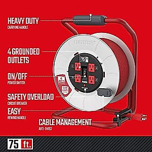 CRAFTSMAN Contractor Edition Retractable Extension Cord Reel 75 Ft. With 4 Outlets & Heavy Duty 12AWG SJTW Cable