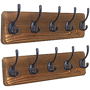 Dseap Coat Rack Wall Mounted with 5 Coat Hooks - Heavy Duty Wooden Wall Coat Hanger for Clothes Hat Jacket Clothing, Natural & Black, 2 Packs