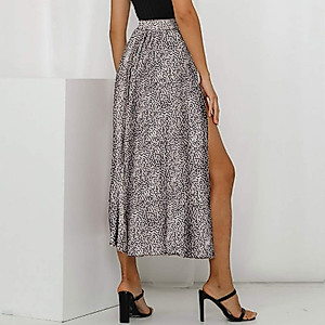 Bravetoshop Womens Boho Leopard High Waist Flowy Midi Skirt High Low Side Split Wrap Maxi Skirt (Black,M)
