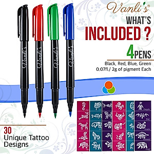 Vanli's Temporary Tattoo Pens - Stocking Stuffers For Teens, Kids, Adults, Trendy Tattoo Kit, Skin Safe & Colored Ink Tattoo Pens for Body & Face Art with 30 Tattoo Stencil Papers, 4 Pens-Bold