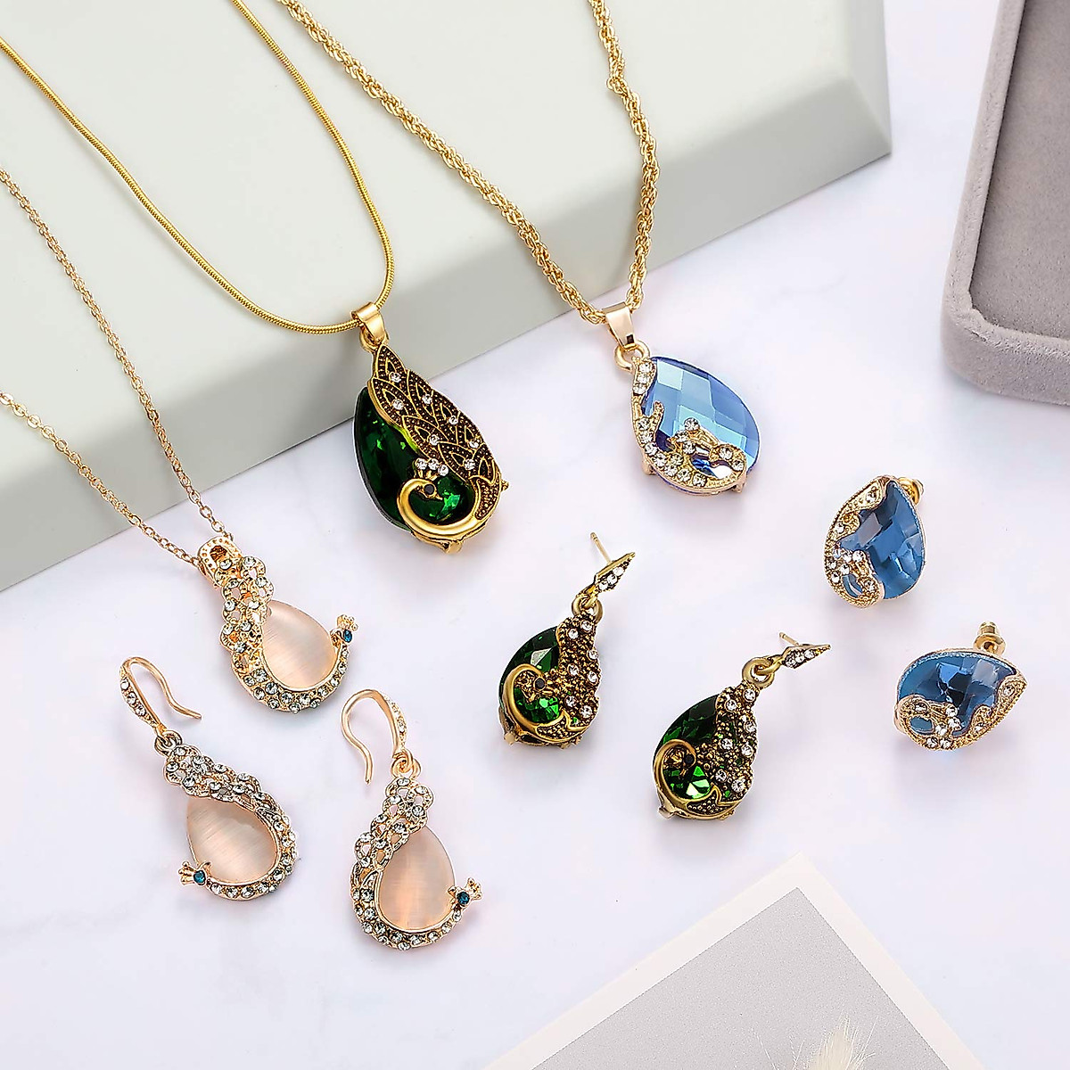 Hicarer 6 Pieces Jewelry Sets for Women Elegant Necklace Set Peacock Waterdrop Rhinestone Pendant Necklace Crystal Peacock Pattern Necklace Earrings Jewelry Set
