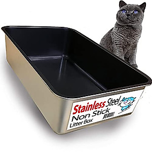 iPrimio Stainless Steel Cat XL Non Stick Litter Box and Cat Litter Scooper - Shovel & Pan for Sifting Kitty Cats Litter, Rust Resistant, Comfy Grip