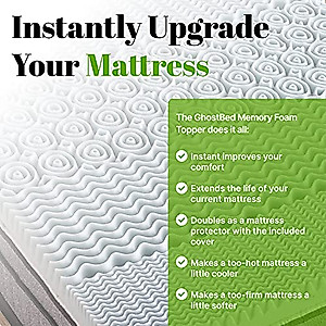 GhostBed 3 Inch Cooling Gel Memory Foam Mattress Topper - Waterproof Cover, Protector & Topper in One, Queen