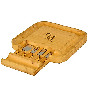 Picnic at Ascot Personalized Monogrammed Engraved Bamboo Cutting Board for Cheese & Charcuterie with Knife Set & Cheese Markers- Designed & Quality Checked in USA