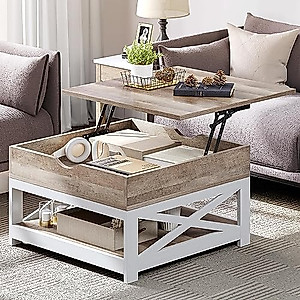 YITAHOME Lift Top Coffee Table, Square Farmhouse Coffee Table, Coffee Table with Double Storage, Rustic Wood Center Table for Living Room,Grey Wash