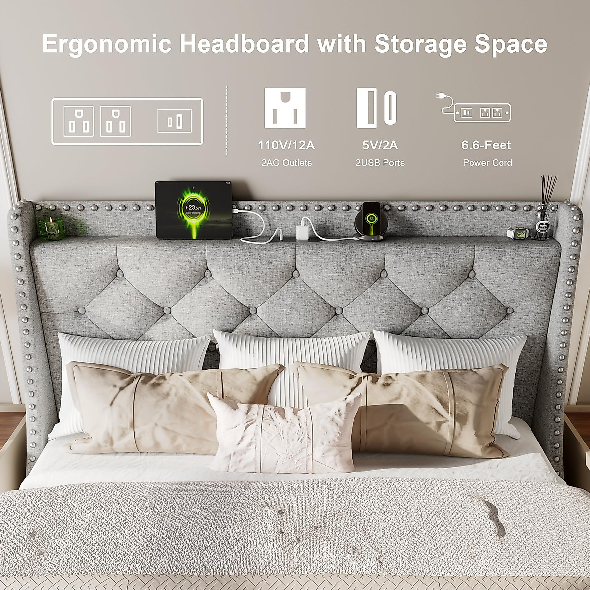 Feonase Queen Bed Frame with Luxury Wingback Upholstered Button Tufted Storage Headboard, Queen Platform Bed with Charging Station, Sturdy Wooden Slats Support, Noise-Free, Easy Assembly, Light Gray