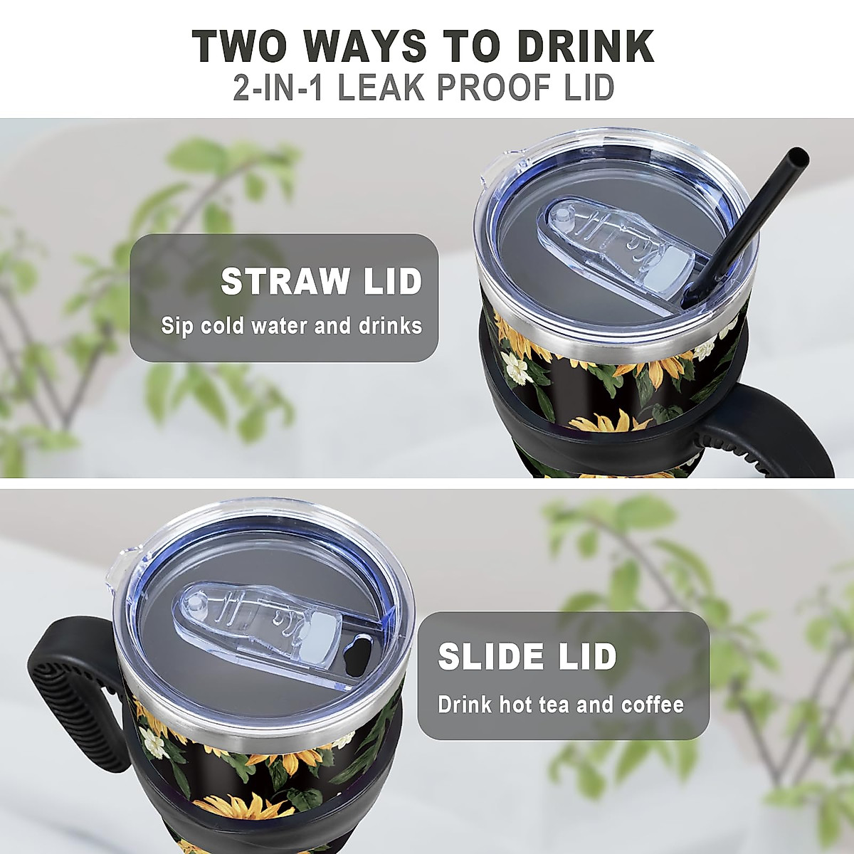 Exacmos 40 oz Tumbler with Handle and Straw 40 oz Sunflower Cup Insulated Stainless Steel Coffee Travel Mug Spill Proof Leak Proof Slim 40oz Tumbler with Handle Sunflower Decor Stuff Gifts for Women