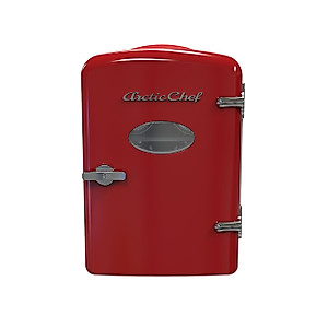 ARCTIC CHEF RMIS129RED RMIS129-RED RCA Mini Portable Compact Personal Fridge Cooler, 4 Liter Capacity Chills Six 12 oz Cans, 100% Freon-Free & Eco Friendly, Includes Multiple Chargers, Red