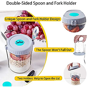 P&Y Overnight Oats Containers with Lids, 12 Oz Glass with Spoons for Mason Overnight Oats Jars, Oatmeal Container with Letter Silicone Label for Cereal Yogurt Fruit (Gray M Forks, 2Pack)