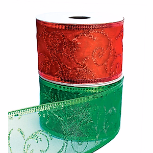 Christmas Ribbon for Gift Wrapping Red Wired Ribbons Green Sheer Wire Organza Set Present Wrap Around, Xmas Tree Decor Crafts Floral Arrangement Supplies & Decoration 30 Yards x 2 in Wide Each