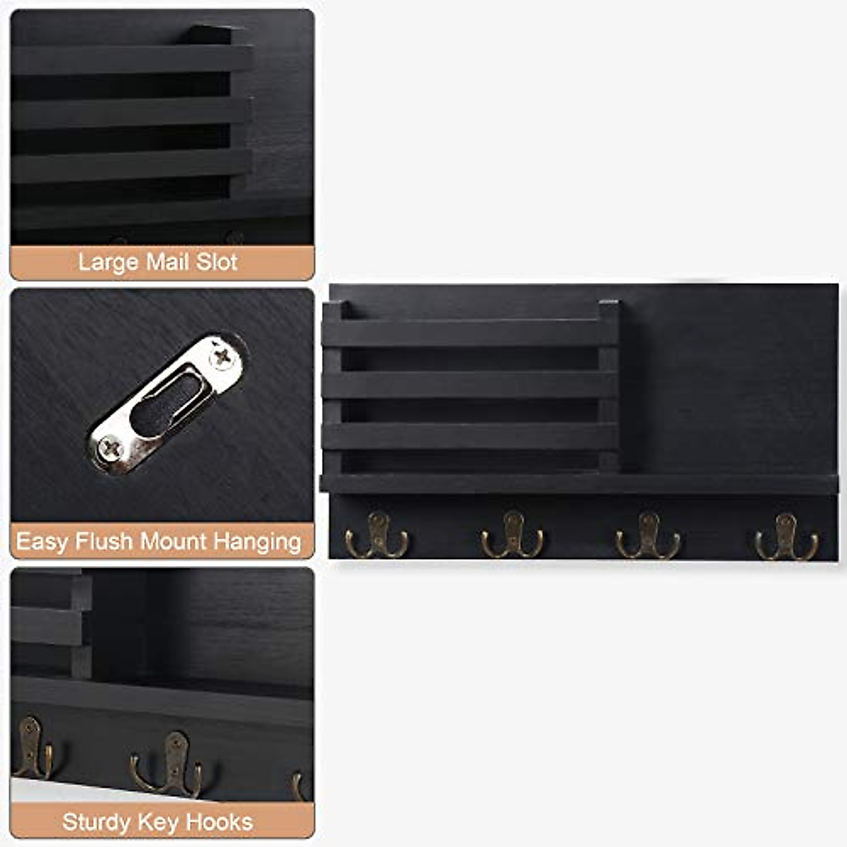 Nekon Mail Holder for Wall – Rustic Mail Organizer with Key Hooks for Hallway Kitchen Farmhouse Decor – Letter Sorter Made of Paulownia Wood with Floating Shelf, (16.5” x 9.1” x 3.4”)