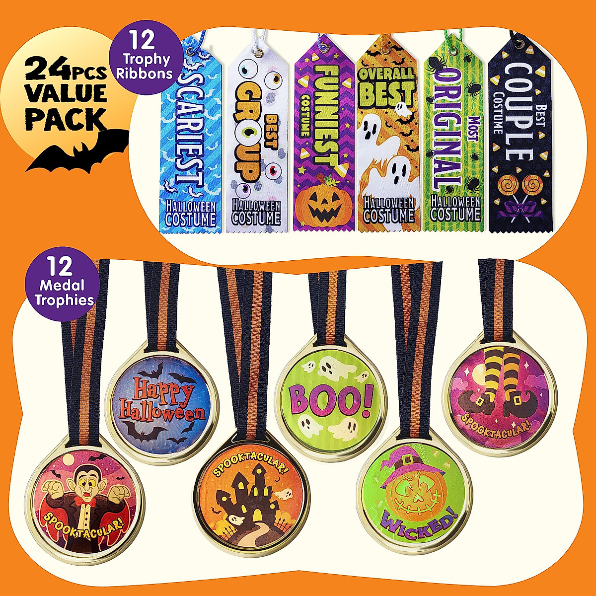 JOYIN 24 PCS Halloween Medal Trophies and Trophy Ribbons for Halloween Award Party Celebration and Spooky Contest Rewards, Halloween Party Favors for Kids, Carnival Game Prizes