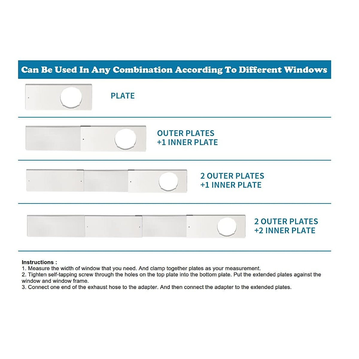 Portable Air Conditioner Window Seal Plates Kit, Plastic AC Vent Kit for Sliding Windows, Portable AC Duct, Adjustable Length Portable AC Vent Kit for 5.1/5.9 inch Air Conditioner Exhaust Hose