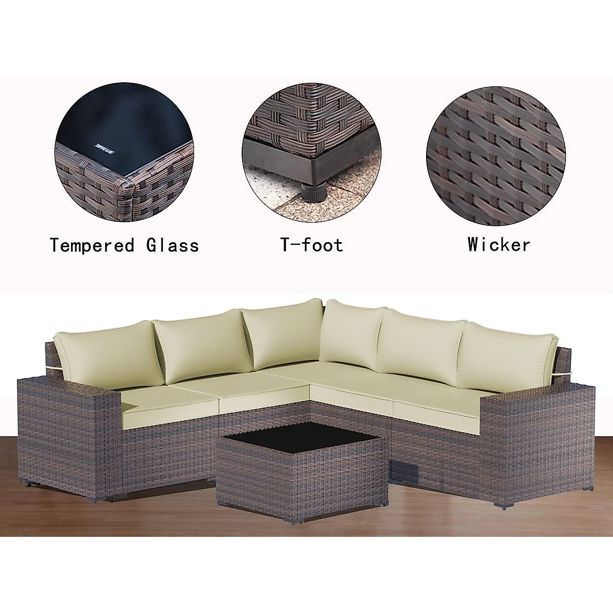 Halmuz 6 Piece Patio Furniture Sets Outdoor Conversation Sofa Set, All-Weather High Back PE Rattan Wicker Sectional Furniture Patio Sofa w/Tempered Glass Top Table&Thickened Cushions(Cream)