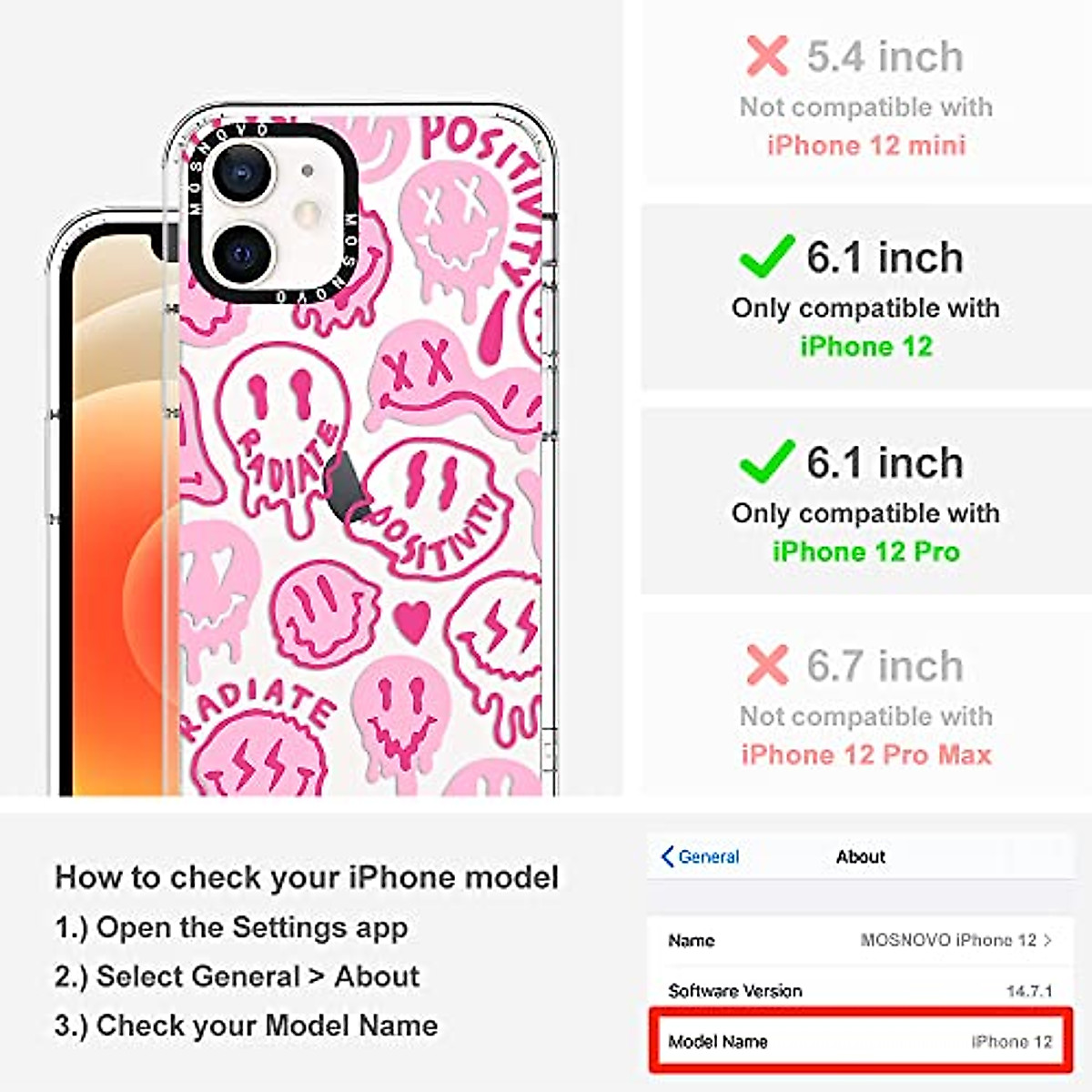 MOSNOVO Compatible with iPhone 12 Case, [Buffertech 6.6 ft Drop Impact] [Anti Peel Off Tech] Clear TPU Bumper Phone Case Cover Pink Smiles Face Designed for iPhone 12/12 Pro 6.1"