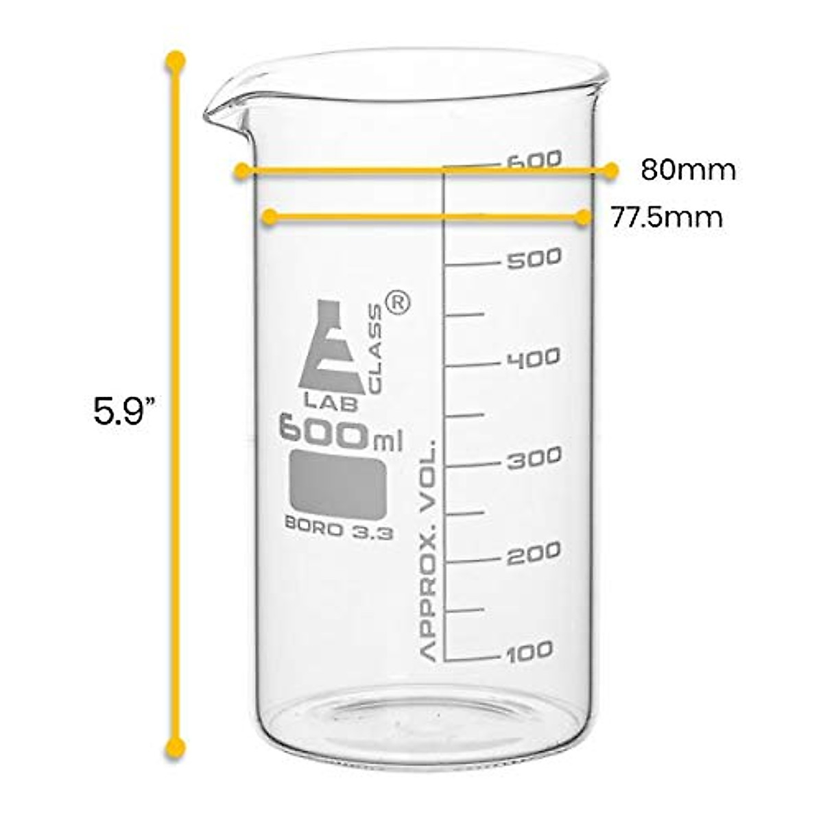 EISCO Beaker, 600ml - Tall Form with Spout - White, 50ml Graduations - Borosilicate 3.3 Glass