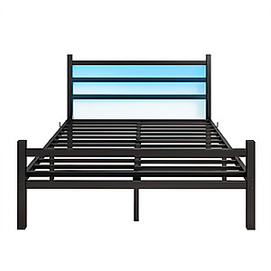 Maliacife Full Bed Frame with Headboard and Footboard,Metal Platform Double Bed Frame with Charging Station and LED, Steel Slats Mattress Foundation, No Box Spring Needed,Noise Free, Black