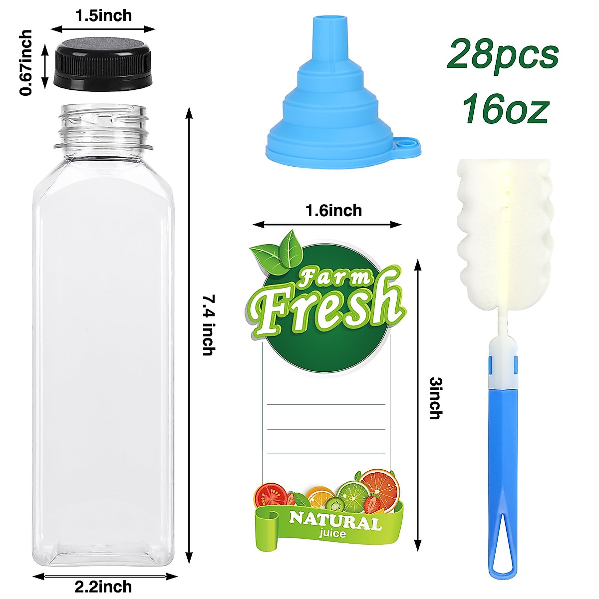 Moretoes 28pcs 16oz Empty Plastic Juicing Bottles, Juice Bottles with Black Tamper Evident Caps, Reusable Clear Bulk Drink Juice Containers with Lids for Juicing Milk Smoothie Tea and Other Beverages