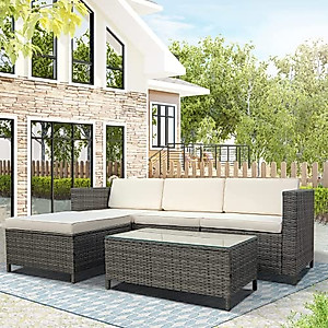 SUNVIVI OUTDOOR Patio Furniture, 5 Piece All Weather Grey PE Wicker Patio Sectional Furniture Conversation Sofa Set with Coffee Table, Removable Cushions