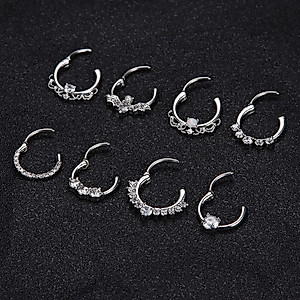 Suprsparkle Septum Clicker Rings 16G Stainless Steel CZ Hinged Segment Rings Cartilage Tragus Hoop Helix Daith Earrings Nose Piercing Jewelry 10MM 8 Pieces Silver