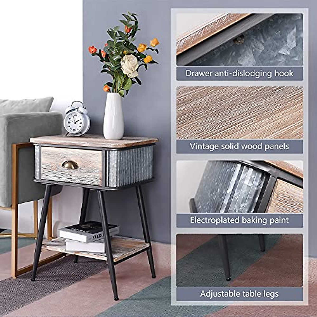 Hoeneo End Table with 1 Drawer,Solid Wood Sofa Side Table,Bedroom Storage Nightstand,Rustic Furniture Easy Assembly (Grey)