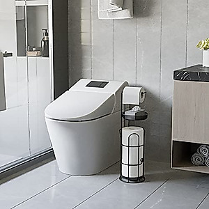Toilet Paper Holder Stand with Shelf, Freestanding Toilet Tissue Roll Holder with Dispenser for Bathroom Storage Holds 4 Rolls - Black
