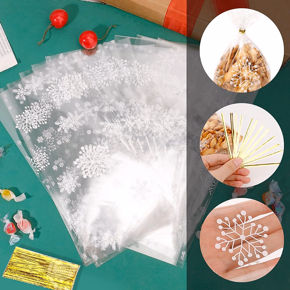 Christmas Cellophane Gift Bags, Christmas Treat Bags, 50 Pcs Clear Snowflake Cookie Candy Cellophane Bags with Twist Ties, Goodie Bags for Xmas Winter Holiday Party Favor Bags Goody Supplies