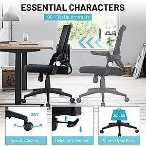 ZanzioDesk Chair, Office Chair Mesh Lumbar Support, Ergonomic Rolling Computer Chair with Flip-up Armrests, Swivel Adjustable Mid Back Home Office Chair Task Chair, Black