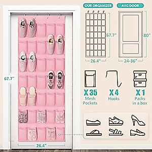 Over The Door Shoe Organizers Pink with 35 Durable Mesh Pockets Baby Organizer Storage Hanging Shoe Organizer Shoe Holder Rack For Toddler Girl Room Baby Room Craft Room Bedroom Pantry Bathroom Closet