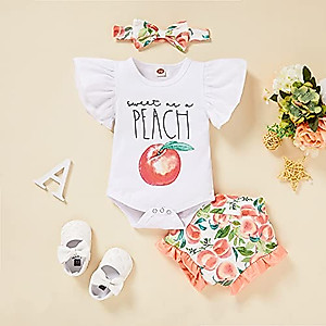 Newborn Baby Girls Clothes Ruffles Summer Romper Floral Bottoms Shorts 3pcs Outfits(Peach,0-3M)
