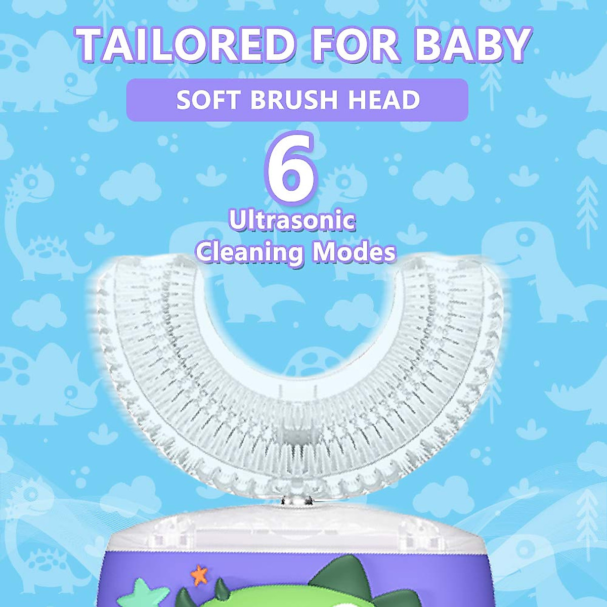 Kids Electric Toothbrushes Dinosaur U Shaped Rechargeable Ultrasonic Automatic Toothbrush for Toddler with Replacement Brush Heads 6 Cleaning Modes IPX7 Waterproof 360° Oral Care 45S Timer (Age 2-7)