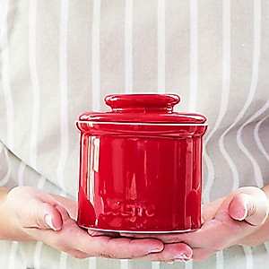 BRT Ceramic French Butter Keeper Crock Storage Jar Butter Serving Dish (Red)