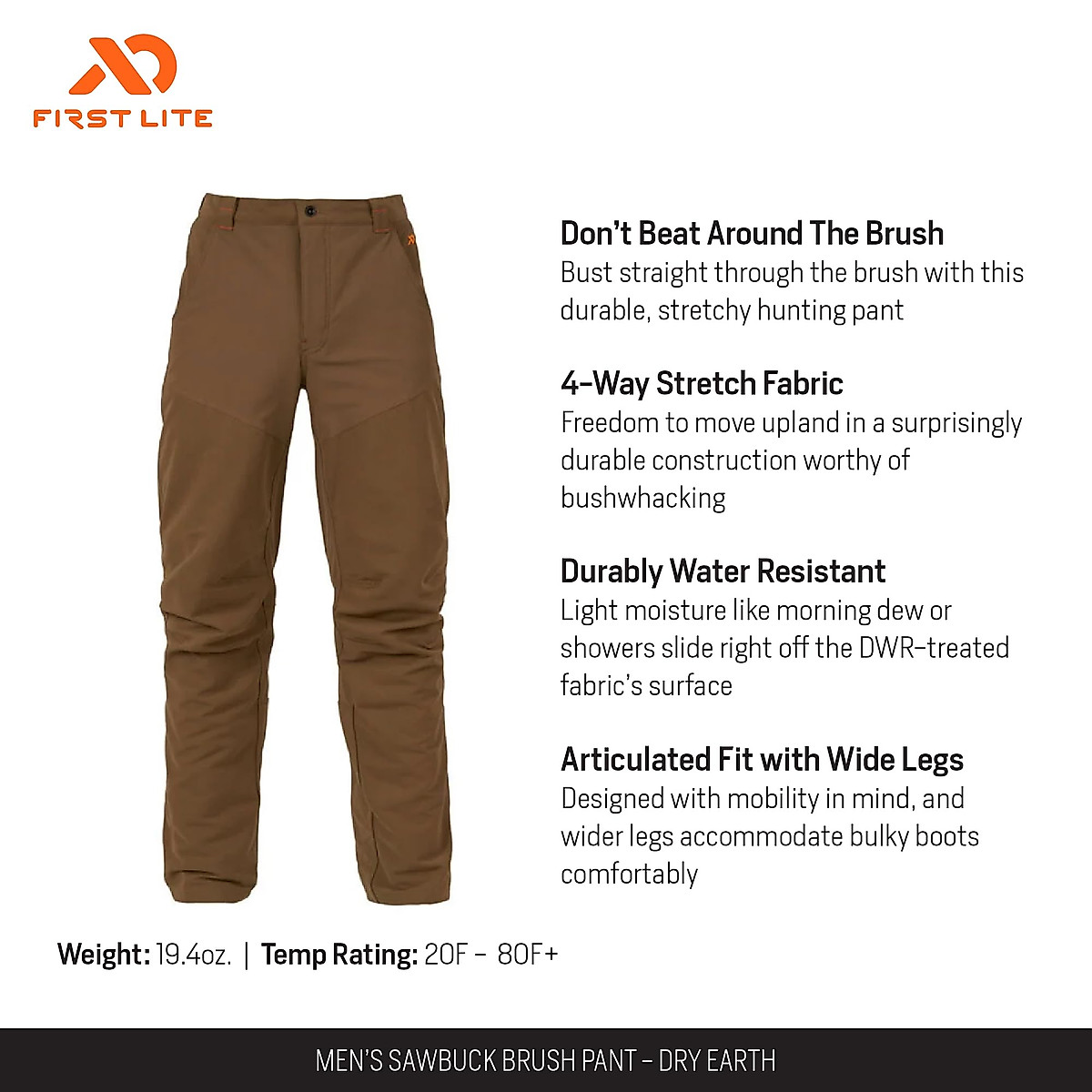 First Lite Men’s Sawbuck Brush Soft Shell Pant - Hunting Brush Pants with DWR - Dry Earth - 36 x 32