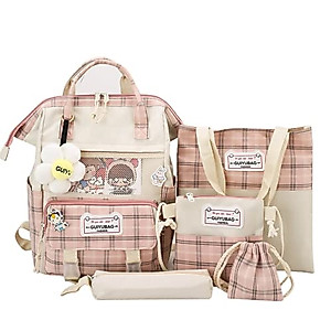 5Pcs Kawaii Plaid Backpack Set Aesthetic Cute Checkered Anime with Pins Flower Pendant Cottagecore Preppy Cartoon School Supplies Kit Japanese JK Bookbag Daypack Canvas Combo (Pink)