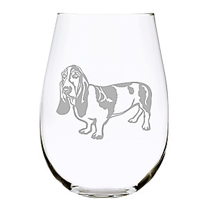 Basset Hound (B2) themed dog stemless wine glass, 17 oz.