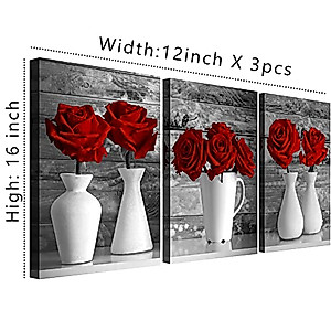 Wall Art Canvas Red Rose Painting Flower Wall Art Pictures For Bedroom Living Room 3 Piece Set Framed Home Decor Artworks 12"X16"