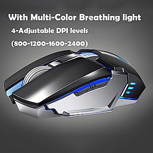 Soke-Six Wireless Rechargeable Backlit Keyboard and Mouse Combo, 2.4G Full-Size Mechanical Feel Gaming Keyboards with USB 2400DPl Mice,Adjustable Breathing Lamp,Anti-Ghosting (Black& Blue Light)