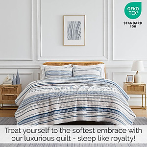 Southshore Fine Living, Inc. Oversized King Quilt Set, All Season Striped Blue Bedspread Set, 3-Piece Coastal Bedding, California/King Coverlet Sets with Shams, Soft Microfiber Quilt, Blue Stripes