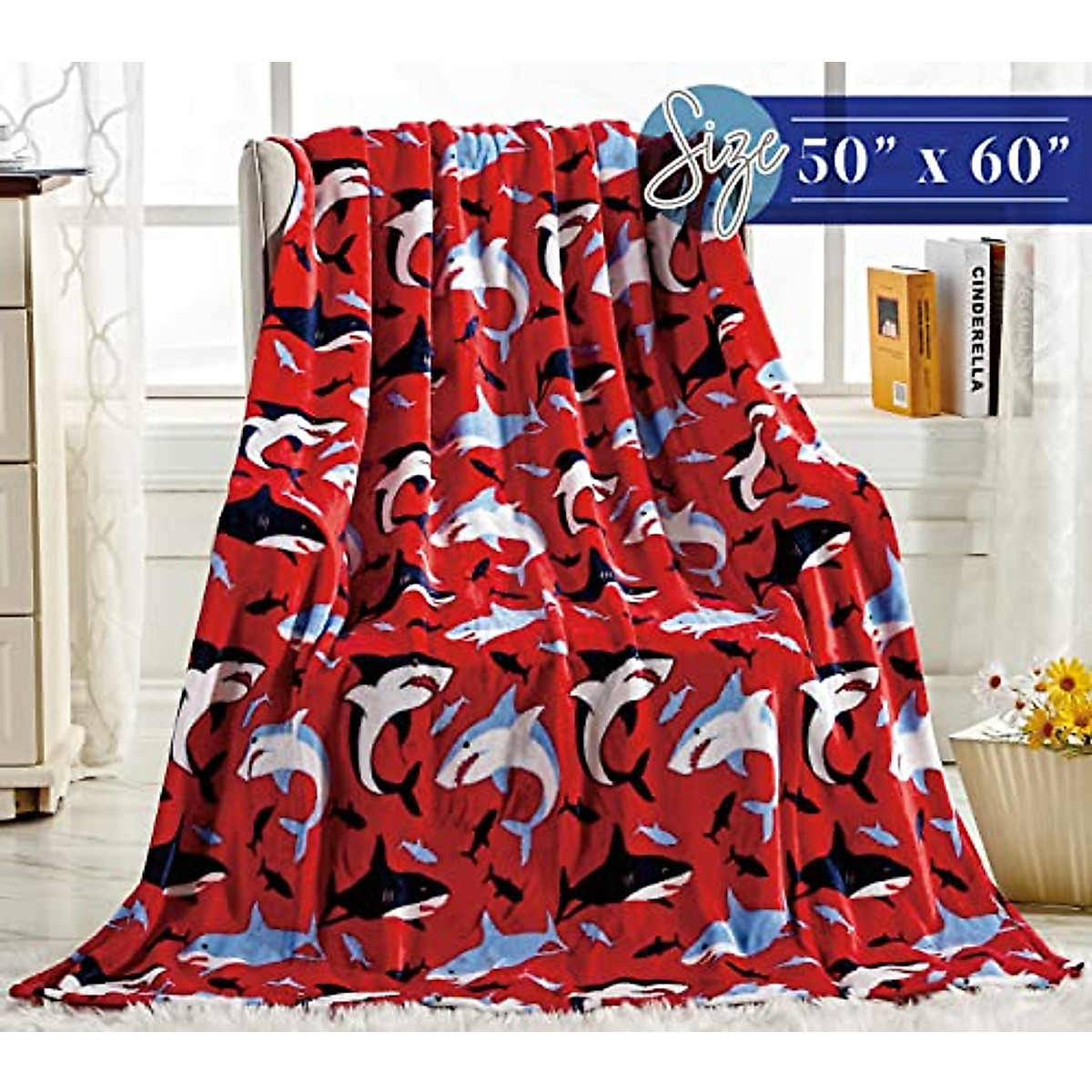 Elegant Comfort Lightweight Printed Throw Blanket- All Season, Ultra Soft, Cozy and Plush- Decorative Throw Blankets, Perfect for Lounging, 50 x 60 inches, Red Shark, Throw Blanket
