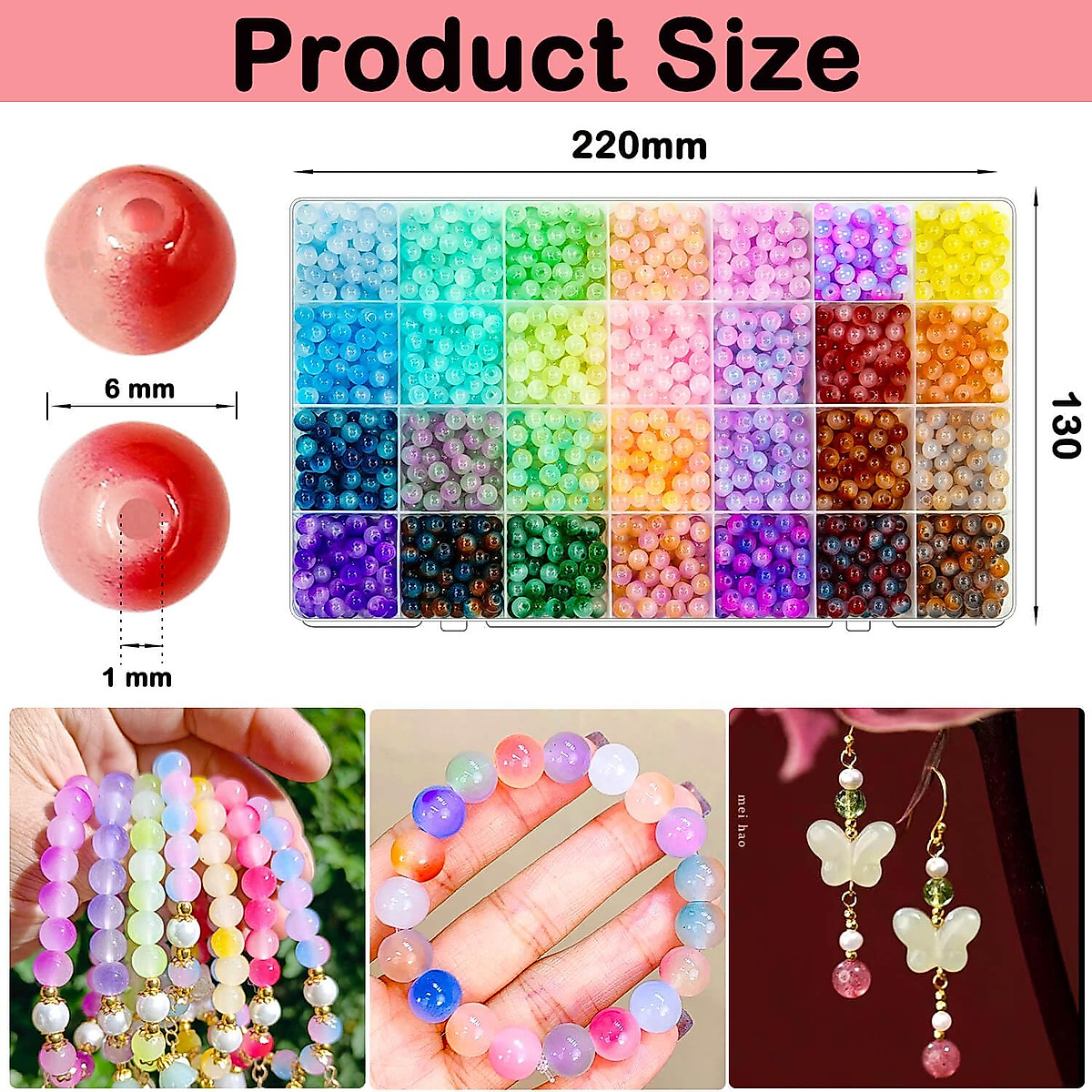 1800pcs 6MM Glass Beads for Jewelry Making, 28 Colors Crystal Bracelet Making Glass Bead Round DIY Craft Beads with Elastic Thread for Earrings Necklace Bracelet Making (6MM-28 Gradient Colors)