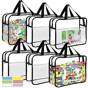 OPELETNNT 6 Packs Large Toy Storage Bags with Pockets, Reusable Clear PVC Board Game Storage with Labels, Travel Waterproof Organizer Bags Double Zipper for Building Blocks, Puzzle, Kids Books