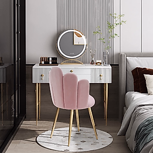 BOWTHY Vanity Chair for Makeup Room - Midcentury Modern Accent Velvet Chair with Back Support, Gold Legs for Living Room Bedroom (Pink)