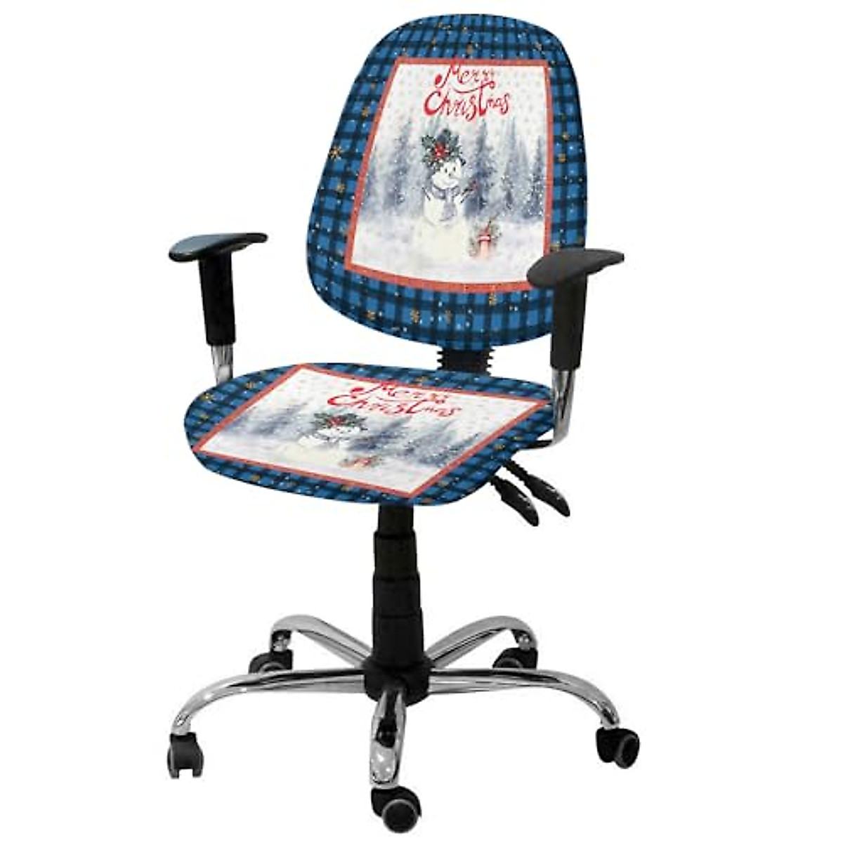 Christmas Plaid Snowman Office Chair Cover Stretchable Computer Chair Seat Cover Backrest Slipcovers, Stretchable Rotating Desk Chair Seat Cushion Split Protectors Buffalo Snowflake Snow Tree