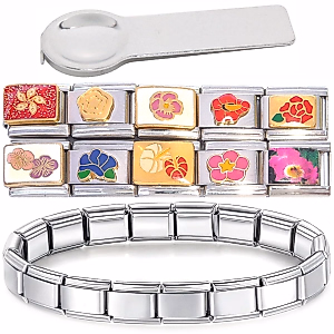 Set of 10 Flower Italian Charms Plus Starter Bracelet and Charm Tool- Daisy, Hibiscus, Bird of Paradise, and more 9mm Standard Size Links