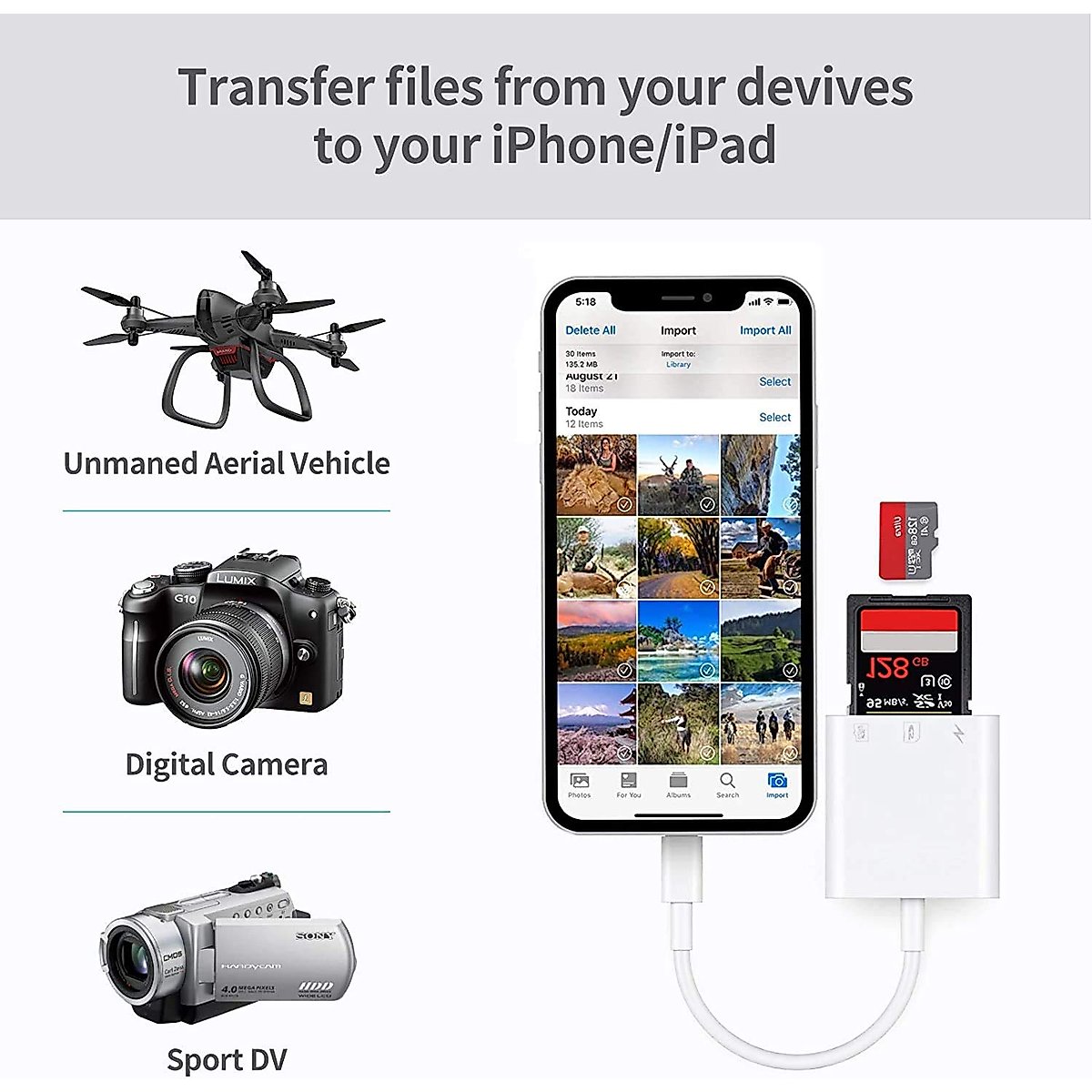 2 in 1 Lightning to SD Card Reader for iPhone, [Apple MFi Certified] Dual Slot Micro SD TF Trail Game Camera Memory Card Reader Adapter, Quickly Transfer Photos Videos Plug and Play