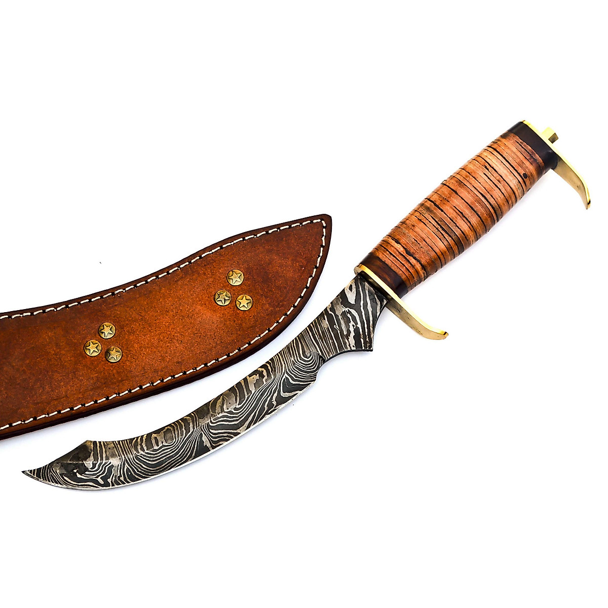 Skokie Knives Custom Hand Made Damascus Steel Hunting Knife Handle Stacked Leather With Double Brass Double Clip
