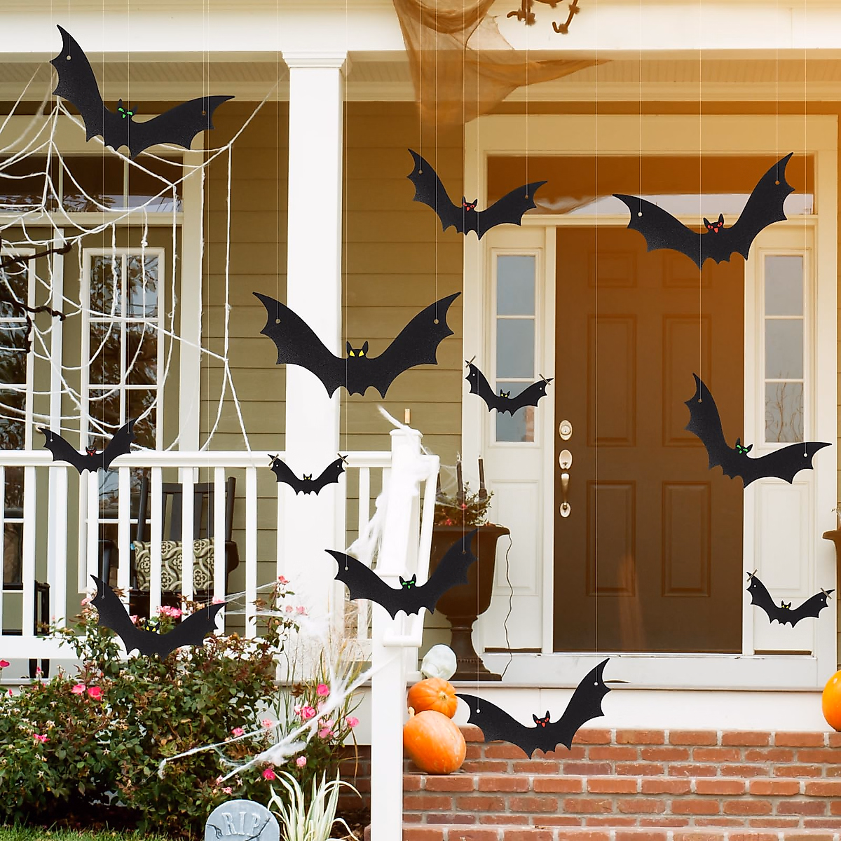Hanging Bats Halloween Decoration Outside, Plastic Large Flying Bats with Glowing Eyes, Hanging, pasting Two Ways,Halloween Outdoor Tree Yard Porch Decoration Supplies(18 Pcs)