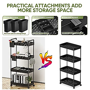 Mosxoed Slim Storage Cart Rolling Utility Cart with Wheels 4 Tier Mobile Bathroom Organizer Cart for Laundry Room Kitchen Office Narrow Space with Handle Hanging Cups Dividers, Black, 35" H
